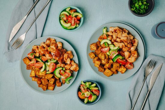 Sticky Mango Chicken With Bombay Potatoes & Kachumber Salad - DropChef